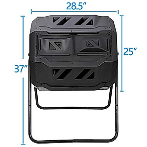 Oteymart Large Compost Bin Tumbler, 43 Gallon Capacity Composting Tumbler with Twin Chambers Dual Rotating Sliding Door & Solid Steel Frame, Black