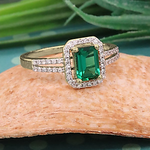 Dazzlingrock Collection 14K 7X5 MM Emerald Shape Created Emerald & Round Diamond Women Ring, Yellow Gold, Size 10