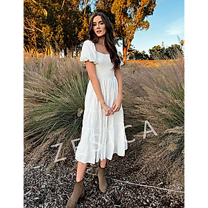 ZESICA Women's 2025 Summer Square Neck Short Puff Sleeve Solid Color High Waist Casual Smocked Flowy A Line Tiered Midi Dress,White,Small