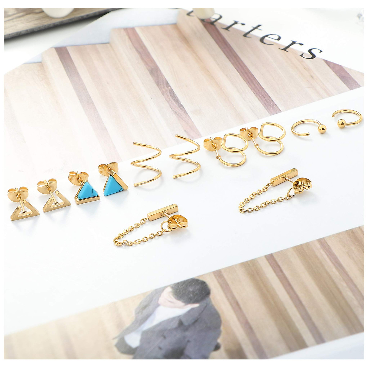 ORAZIO 6 Pairs Minimalist Hoop Stud Earrings Set for Men Women Small Triangle Cuff Huggie Chain Dangle Earrings Stainless Steel Cartilage Helix Piercing Set