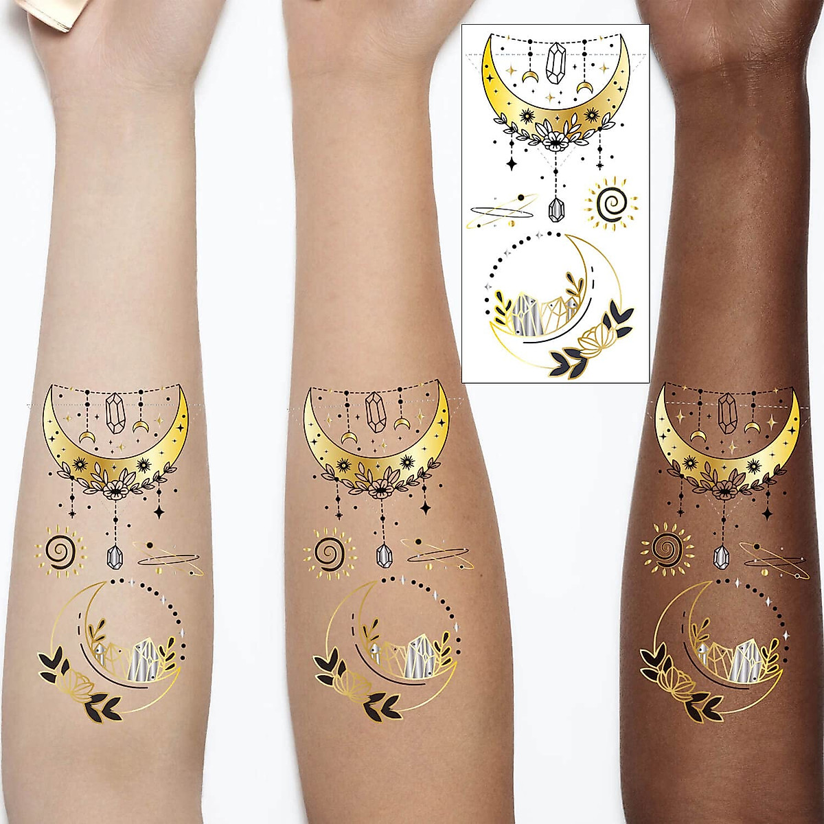 Glaryyears Metallic Gold Temporary Tattoo for Women Adults, 18-Pack Long-lasting Tiny Size Realistic Tattoos, Variety Pack Cute Floral Fake Tattoos, Makeup for Face Body Hand Arm Neck Party