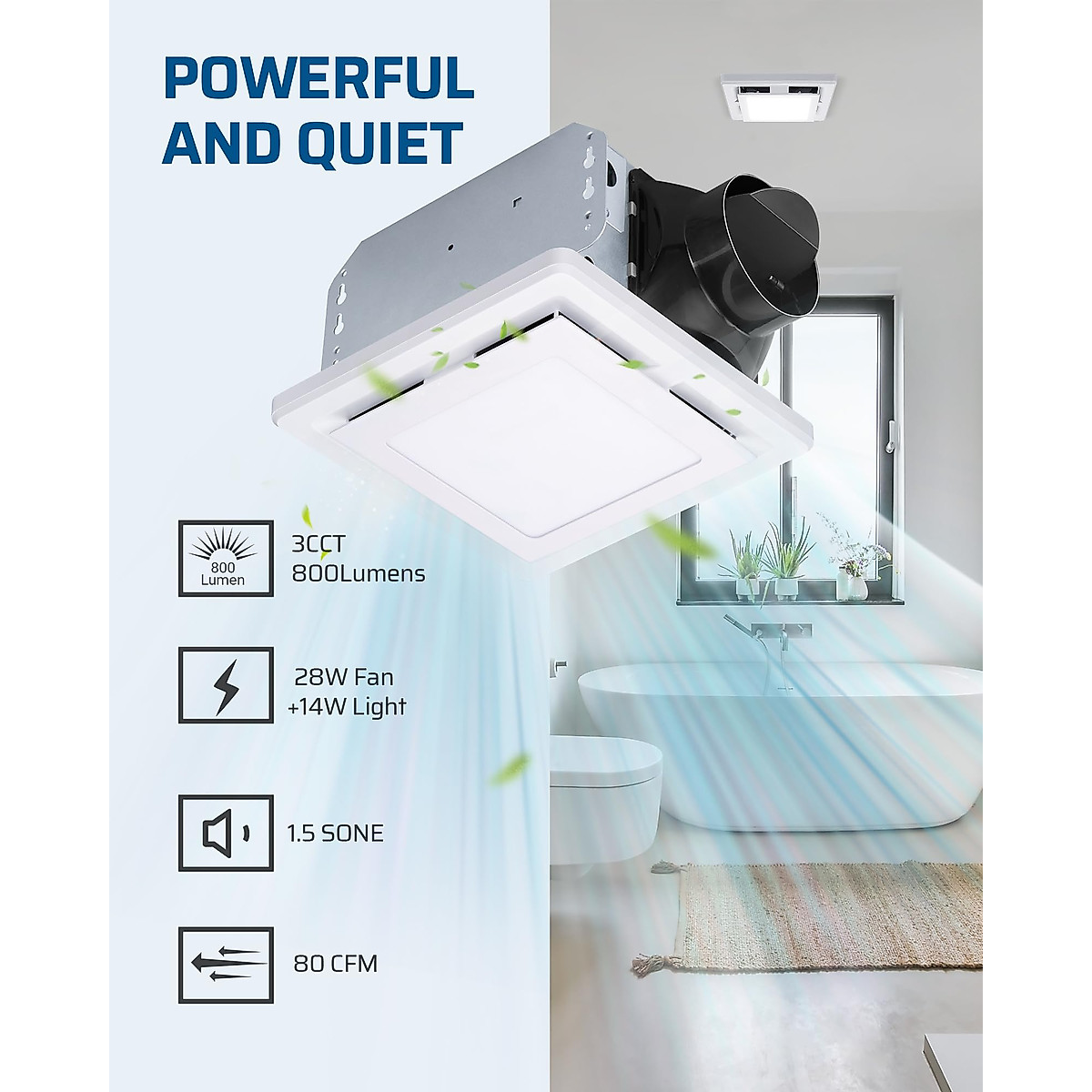 DEWENWILS Bathroom Exhaust Fan with Light, 14W Ceiling Mount Ventilation Fans, 80 CFM 1.5 Sones Bathroom Vent Fan with Light for Home, 800lm LED Light 3000K/4000K/5000K 3CCT Adjustable, White