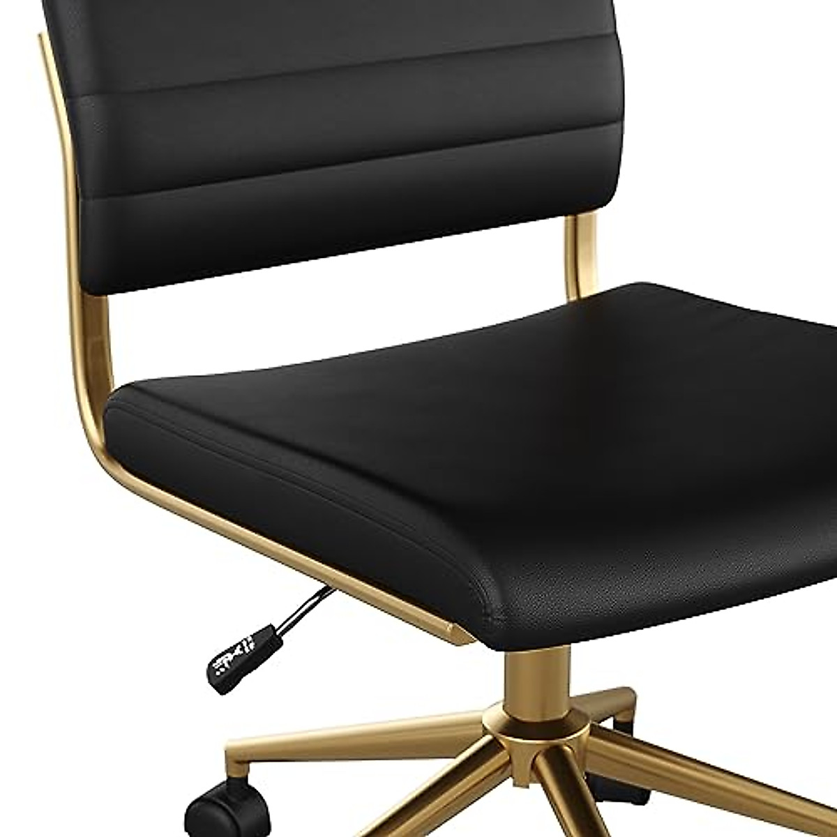 Martha Stewart Ivy Armless Swivel Task Chair for Home Office in Black Faux Leather with Polished Brass Frame