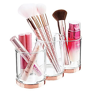 mDesign 3- Section Makeup Brush Organizer for Bathroom Vanity - Plastic Brush Holder for Makeup - Storage Cup for Eyeliner, Lipstick, Concealer - Cosmetic Holder, Lumiere Collection, Clear/Rose Gold