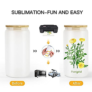 AGH 6Pack 16OZ Sublimation Glass Blanks with Bamboo Lid, Frosted Sublimation Cups Beer Can Glass, Borosilicate Glasses Tumbler Mason Jar Cups Mug with Plastic Straw for Iced Coffee, Juice, Drinks