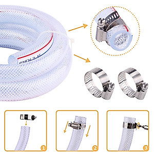 DERPIPE Soft Braided PVC Tubing - 3/4" ID x 1" OD High Pressure Clear Flexible PVC Tube Reinforced Vinyl Hose for Water, Oil with 2pcs Hose Clamps (10Ft)