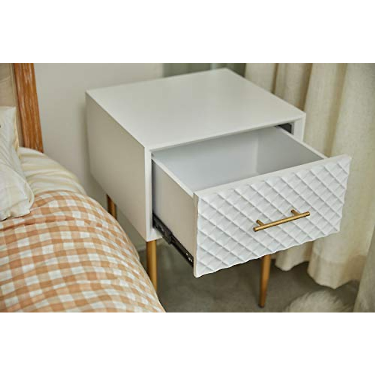 COZAYH Set of 2 Modern Spacious Drawer Nightstand Side Table, Retro-Inspired Raised Diamond Motif, White 2-Pack 1-Drawer Nightstand Nightstands