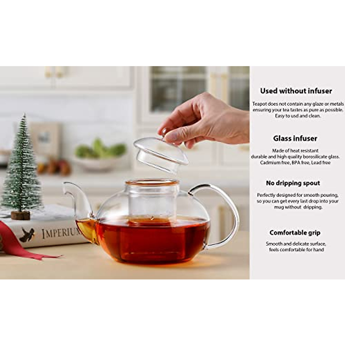 CnGlass 33.8oz Glass Teapot with Removable Infuser,Stovetop Safe Tea Kettle,Blooming & Loose Leaf Tea Pot