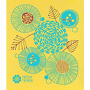 Trendy Tripper Jenn Ski Reusable Swedish Dishcloths/Sponge Cloth MID-Century Modern Abstract Designs Set of 4 (4-Pk MCM Floral Turquoise/Red)