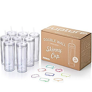 Cupture Skinny Acrylic Tumbler Cups with Straws - 18 oz, 8 Pack (Clear)