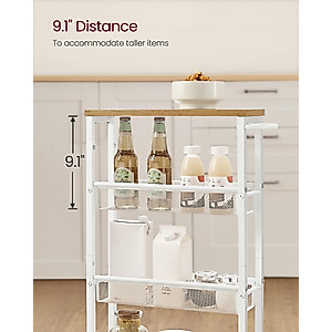 VASAGLE Slim Rolling Cart, 4-Tier Storage Cart, Narrow Cart with Handle, 5.1 Inches Deep, Metal Frame, for Kitchen, Dining Room, Living Room, Home Office, Oak Beige and Classic White ULRC032W09