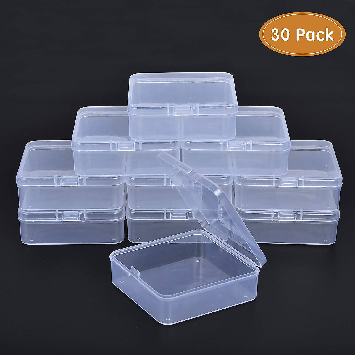 Akamino 30 Pack Small Clear Plastic Beads Storage Containers Box with Hinged Lid for Storage Beads,Crafts, Jewelry, Hardware and Other Small Items Accessories (2.9 x 2.9 x 1 inches)