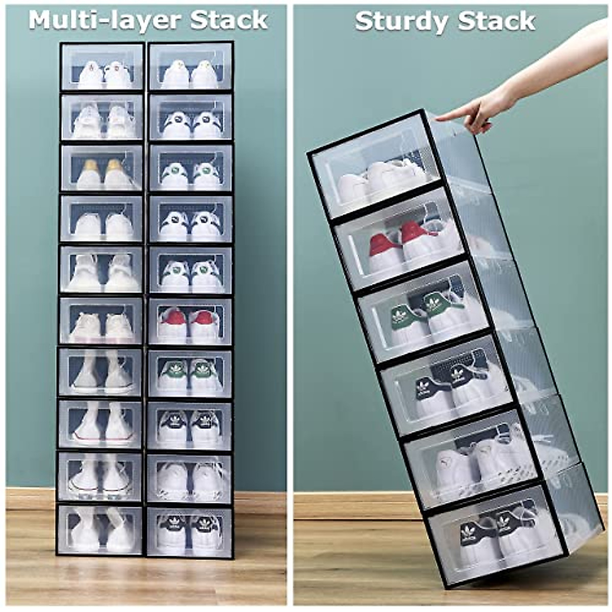 Amassage 12 Pack Boxes for Shoe Storage Clear Plastic Stackable,Organizer for Closet, Space-Saving Containers Bins (Black)