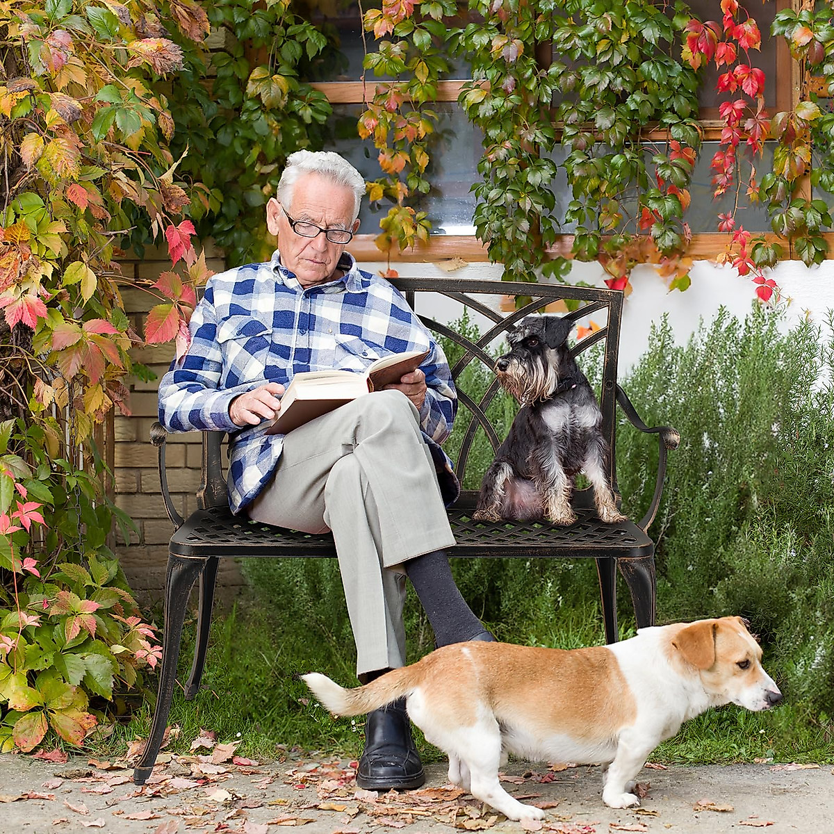 VINGLI 38" Outdoor Bench Cast Aluminium Garden Bench, Orchid Porch Bench Patio Bench Deck Furniture for 1-2 Person Seat(Bronze)