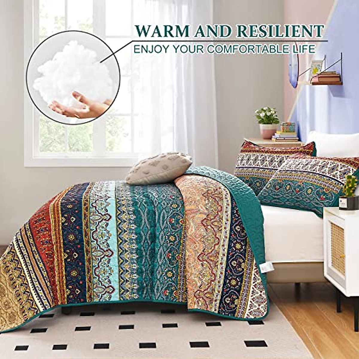 WONGS BEDDING Boho Queen Quilt Set, Green and Brown Bohemian Queen Quilt Bedding Set, Lightweight Microfiber Bed Decor Bedspread for All Season 96"x90"(3 Pieces)