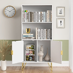 Anbuy White Bookshelf, 3 Tier Tall Bookcase with Doors, Storage Wood Shelves Modern Bookcases, Library Book Case for Living Room Bedroom Home Office Kitchen