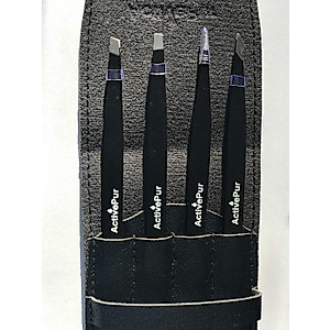 ActivePur, 4 Pcs Tweezers Set Precision for Facial Hair, Ingrown Hair, Splinter for Eyebrows Blackhead and Tick Remover, Best Professional Stainless Steel Seller Hair Remover Tweezer Set w/PU Bag.