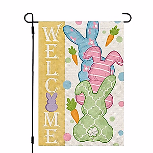 CROWNED BEAUTY Easter Bunnies Tail Garden Flag 12x18 Inch Double Sided for Outside Burlap Small Carrots Welcome Yard Holiday Decoration CF716-12