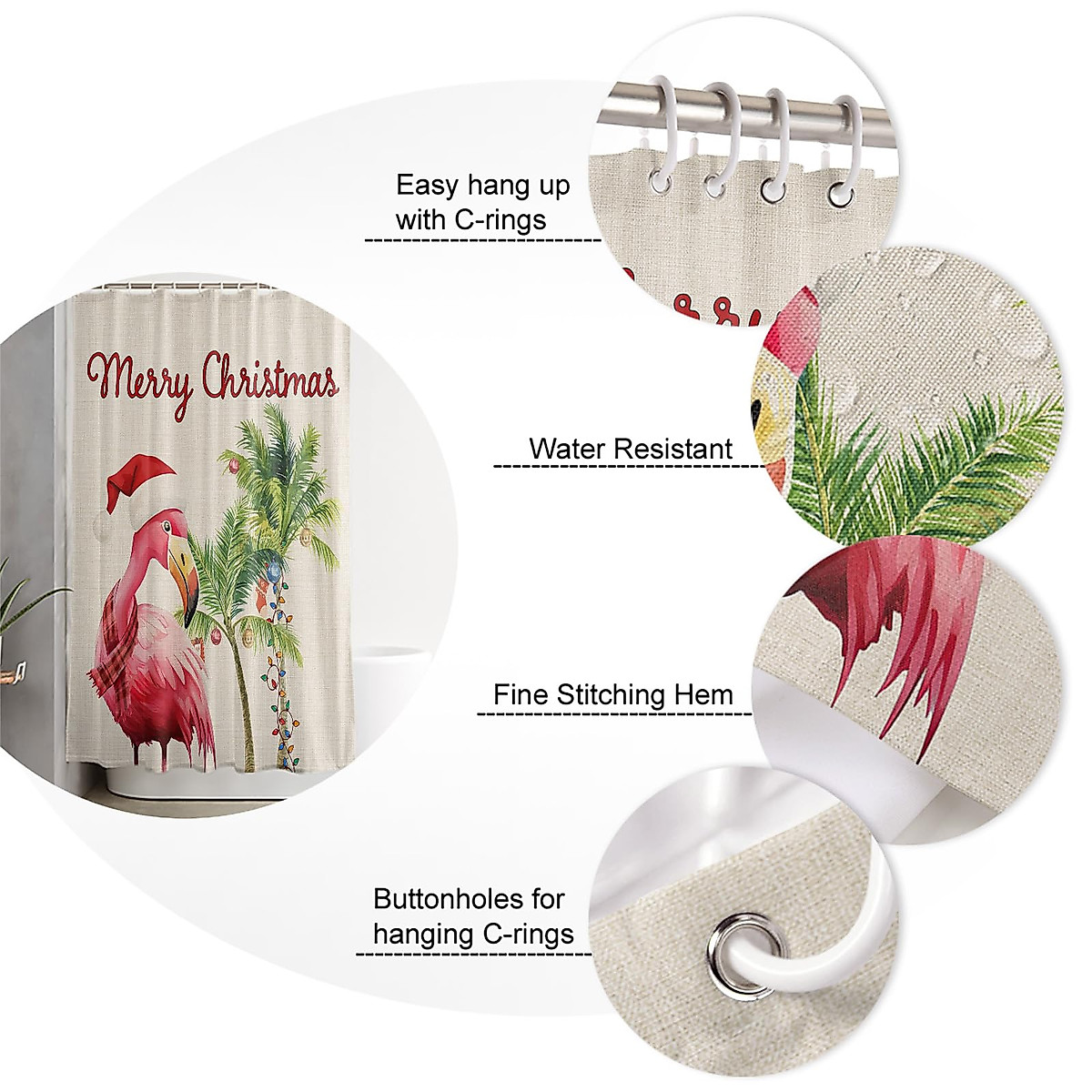 Merry Christmas Shower Curtain for Bathroom 72" x 78" Tropical Flamingo Palm Tree Shower Curtain with Hooks Polyester Waterproof Home Bathtub Decor