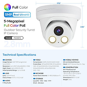 5MP Full Color PoE IP Camera, 2.8mm Lens 118° Wide Angle, F1.0 Aperture, 98.4ft Full Color Night Vision, Human/Vehicle Detection, Built-in Mic, Metal Housing, IP67 Weatherproof, Works with HKV