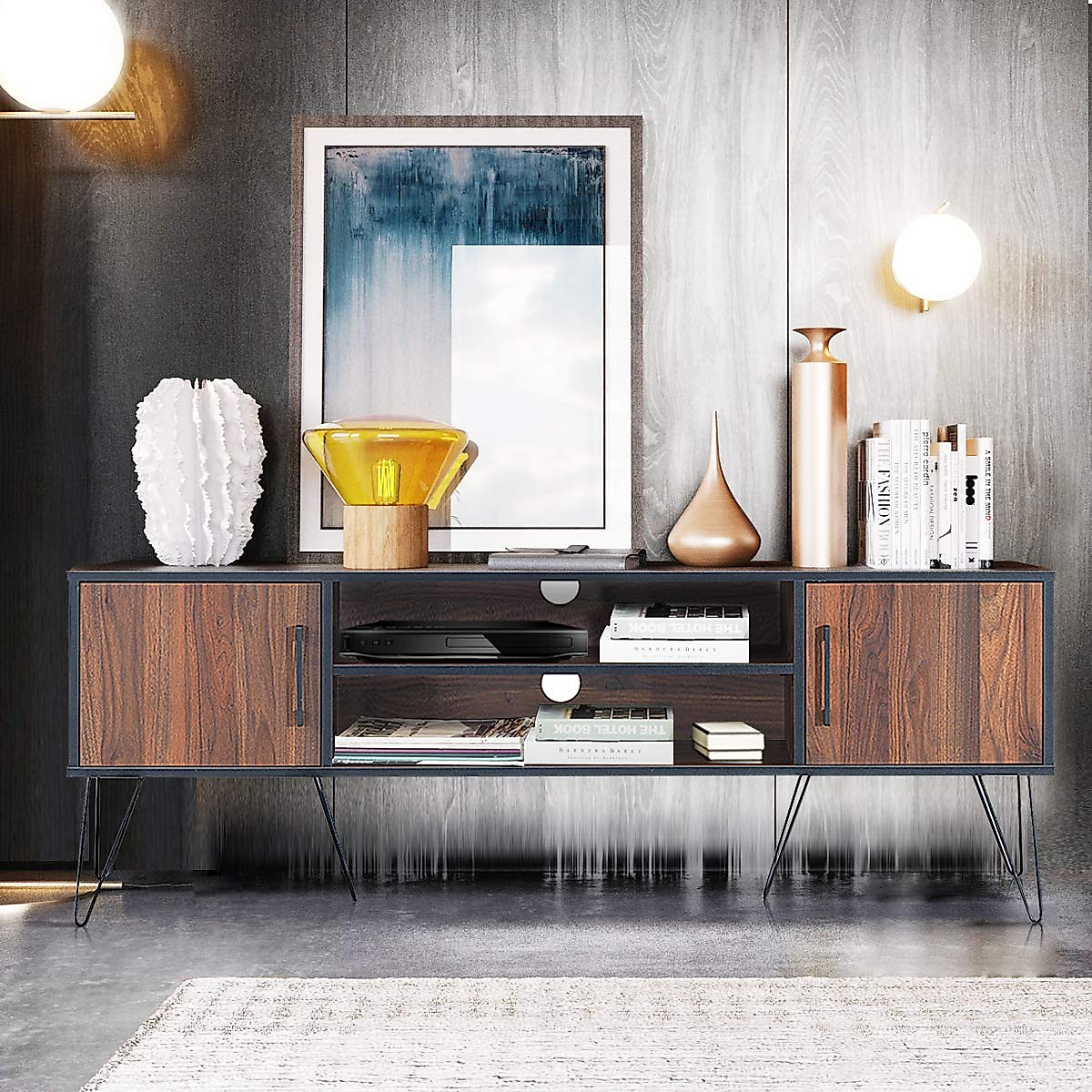 Tangkula Retro TV Stand with 6 Metal Legs, Modern Entertainment Center for TVs up to 65 Inch, TV Console Table w/ 2 Cable Holes, Adjustable Shelf, Media Storage Cabinet for Living Room, 59 Inch