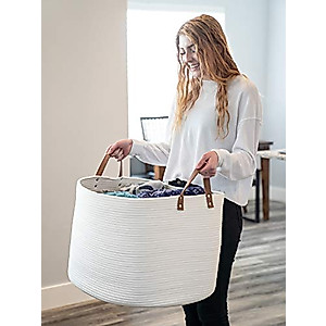 Sweetzer & Orange Extra Large Woven Cotton Rope Storage Basket – 23”x20.5”x15.5” w/Vegan Handles - Blanket Storage Baskets, Laundry and Toy Storage, Nursery Hamper - Off White XXL for Living Room