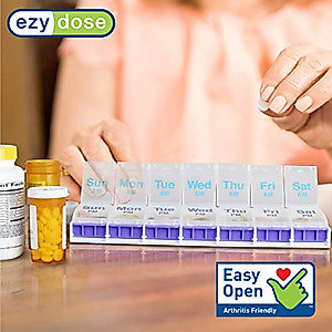 EZY DOSE Push Button (7-Day) Pill, Medicine, Vitamin Organizer | Weekly, 2 Times a Day, AM/PM | Large Compartments | Arthritis Friendly | Clear Lids