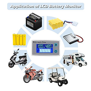ALMOCN 10-100V Battery Monitor LCD 12V 24V 36V 48V Digital Battery Capacity Voltmeter Tester Percentage Level Voltage Temperature Monitor Meter with Cable