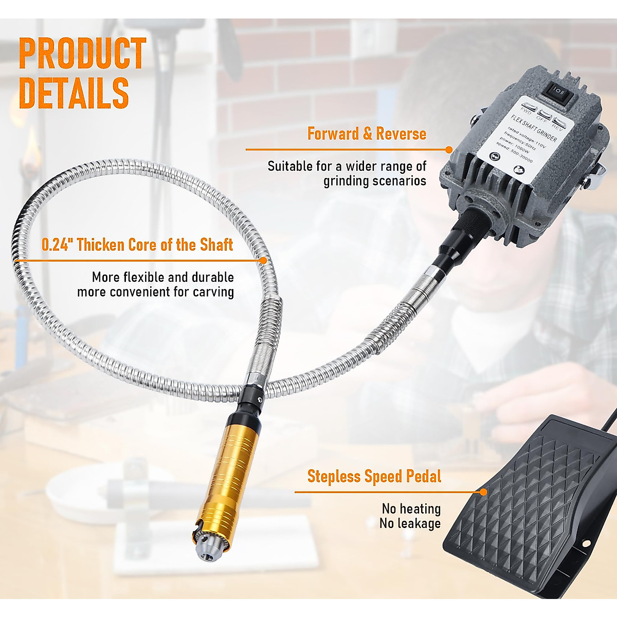 lesolar 1000W Flex Shaft Rotary Tool Kit, 30000RPM Electric Flex Shaft Hanging Grinder Carver Support Forward & Reverse Rotation, High Speed Hanging Grinding Machine with Variable Speed Foot Switch