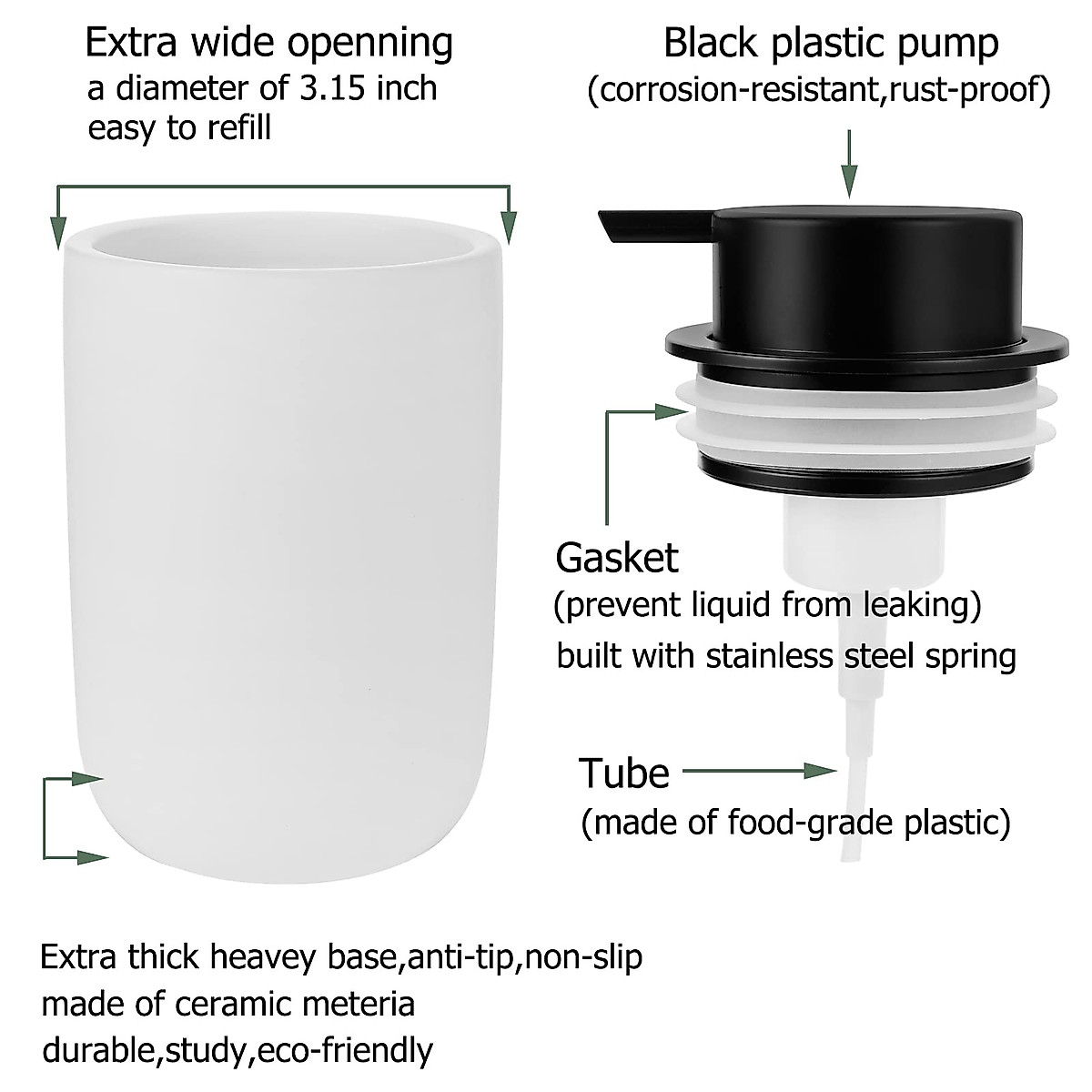 Foaming Soap Dispenser Thick Ceramic Foam Hand Soap Dispenser for Bathroom or Kitchen Sink, Liquid Pump Bottles for Hand soap, Body Wash, 2 Pack White