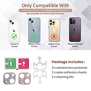 Goton Bling Metal Protector for iPhone 14 Plus & iPhone 14 Camera Lens Protector [No Glass], Glitter Diamond Lens Cover for iPhone 14 Plus & 14 Accessories Silver+Rose Gold