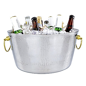 Insulated Metal Ice Bucket for Parties & Gifts- Double-Walled Hammered Stainless Steel Anchored Beverage Tub/Ice Bucket for Parties, Weddings, with Double-Hinged Gold Handles