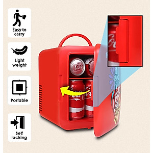Coca Cola Love 1971 Series Portable 6 Can Thermoelectric Mini Fridge Cooler/Warmer, 4 L/4.2 Quarts Capacity, 12V DC/110V AC for home, dorm, car, Bedroom beverages, snacks, skincare, cosmetics