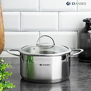 Daniks Bonn Stainless Steel Stock Pot with Glass Lid | Induction 2 Quart | Dishwasher Safe Pot | Measuring Scale | Soup Pasta Stew Pot | Silver