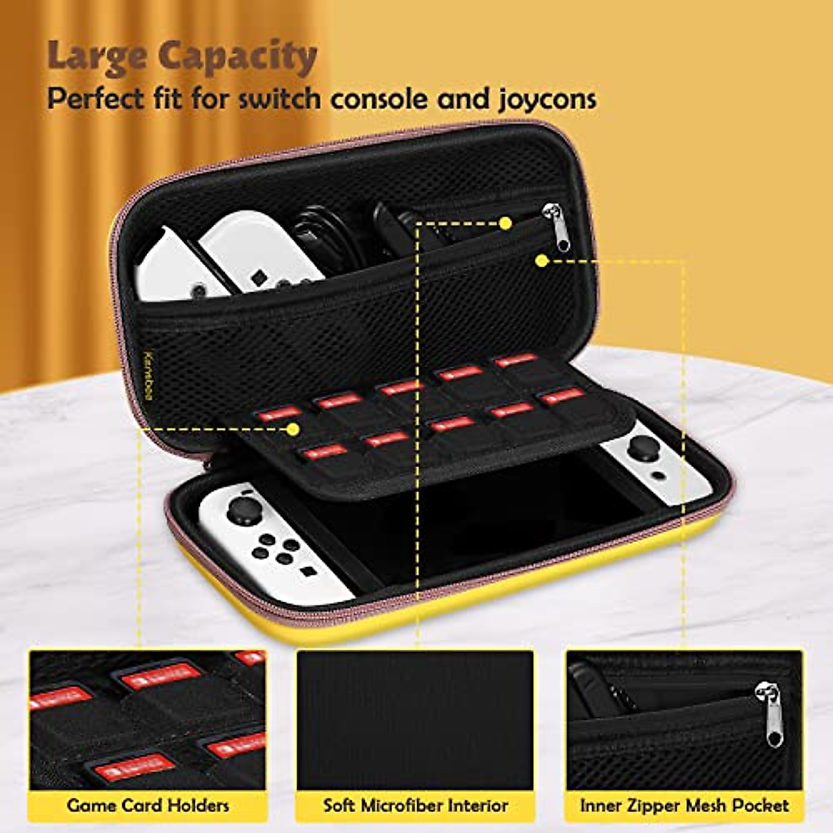 KENOBEE Carry Case for Nintendo Switch OLED Model 2021/Switch 2017, Portable Hard Shell Shockproof Cover Storage Travel Bag with 10 Game Cartridge Holder, Inner Pocket for Console & Accessorie, Yellow