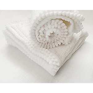 JH-YiSheng Cotton Muslin Pompom Baby Blanket,Summer Bed Sheet,Cotton Bath Towel Baby Receiving Blanket 29.5"x40" (White)