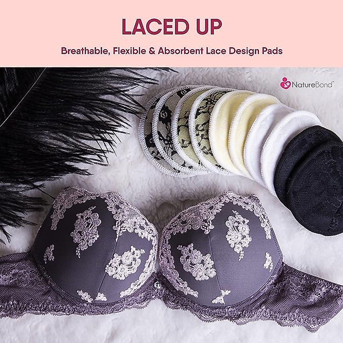 NatureBond Viscose Nursing Breast Pads - 10 Washable Breastfeeding Pads, Wash Bag, Reusable Breast Pads for Breastfeeding | New Beautiful Lace Design Full Mystique Black