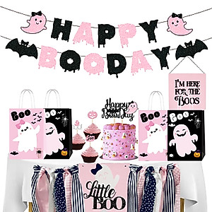 16 Pcs Halloween Black and Pink Little Boo Gift Bag Happy Boo Day Party Paper Gift Bags Boo Birthday Halloween Party Bags Cute Boo Theme Birthday Party Goody Bags Halloween Candy Bags