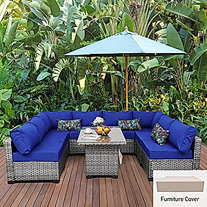 Rattaner 9-Piece Outdoor Sectional Wicker Furniture Set Patio Furniture Conversation Couch Set Storage Glass Table with Thicken(5") Anti-Slip Blue Cushions Furniture Cover