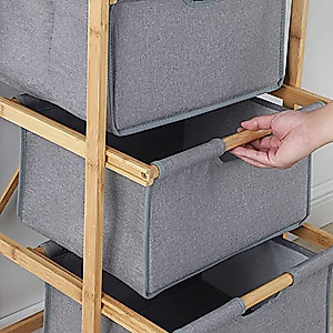 Basket Storage Drawers Unit 3-Tier Laundry Basket Bathroom Dresser Tower Organizer with Bamboo Frame and Pull-Out Fabric Baskets