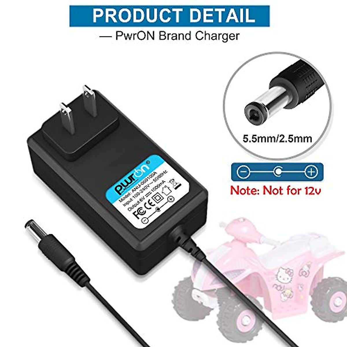 PwrON 6 Volt Battery Charger for Kids Powered Ride On Car, 6V Charger for Best Choice Product Kid Trax Toddler Quad ATV Hello Kitty SUV Electric Ride-On Battery Power