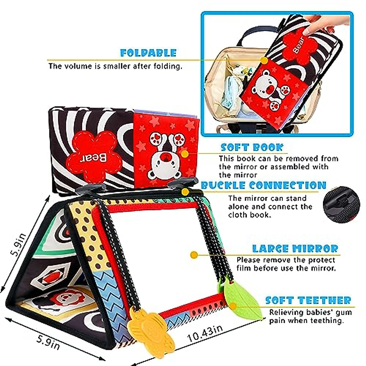 Baby Toys Tummy Time Mirror: Infant Black White high Contrast Sensory Toy with Crinkle Book 0 3 6 9 12 18 Month Old Newborn Montessori Activity Babies Gifts for Boy Girl 0-6 6-12 Months