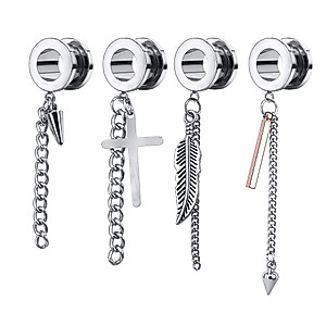 ZS 4 Pieces Feather Chain Dangle Ear Gauge Surgical Steel Ear Tunnel Cross Ear Stretching Piercing 4g - 7/8 inch (Gauge=00g(10mm))