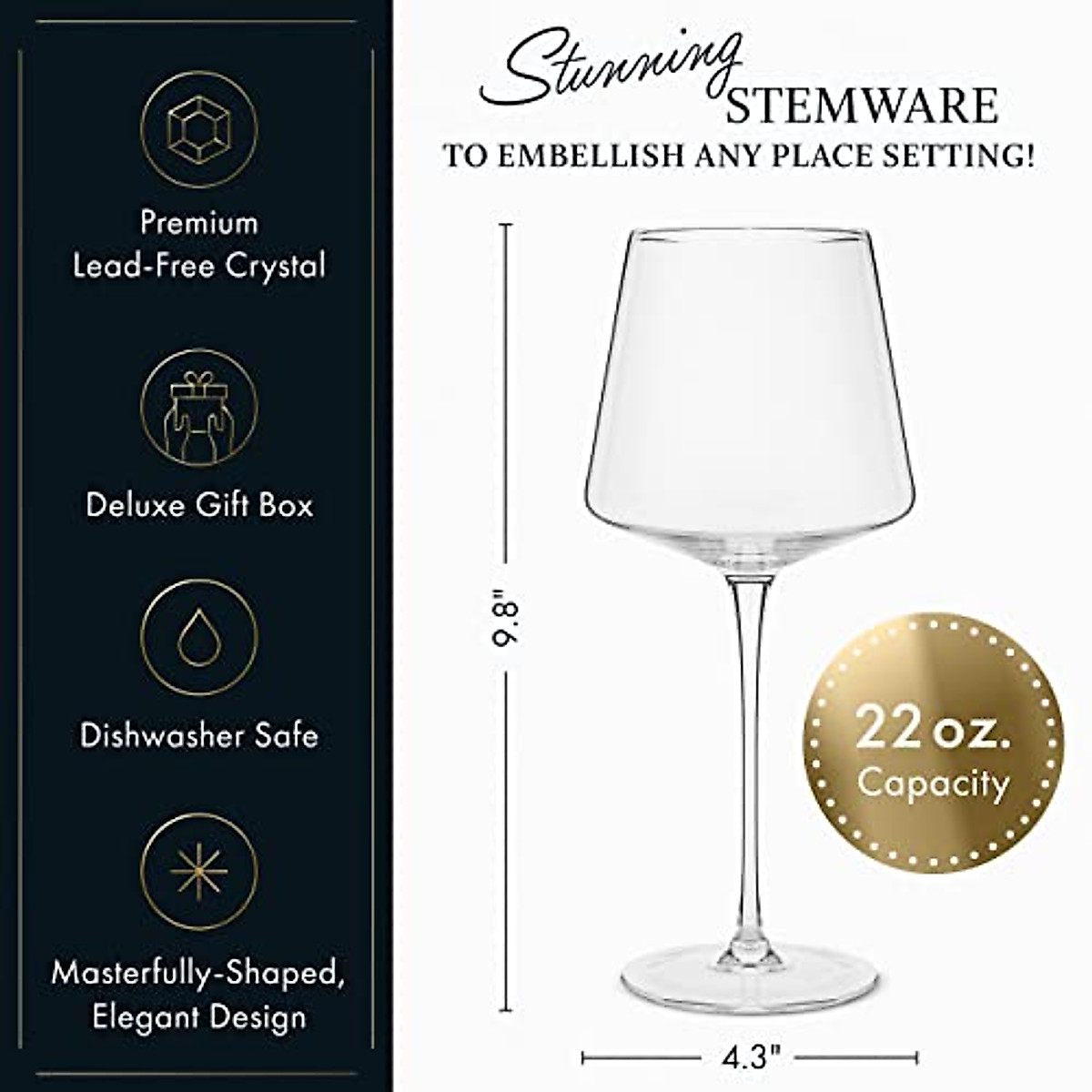 Modern Red Wine Glasses Set of 4 – Hand Blown Crystal Wine Glasses – Tall Long Stem Wine Glasses – Unique Large Wine Glasses with Stem For Cabernet, Pinot Noir, Burgundy, Bordeaux – 22oz Clear