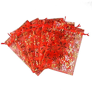 SUNGULF 100pcs Organza Pouch Bag Drawstring Gift Bags (Red Gold Snowflake, 5x7 Inch)
