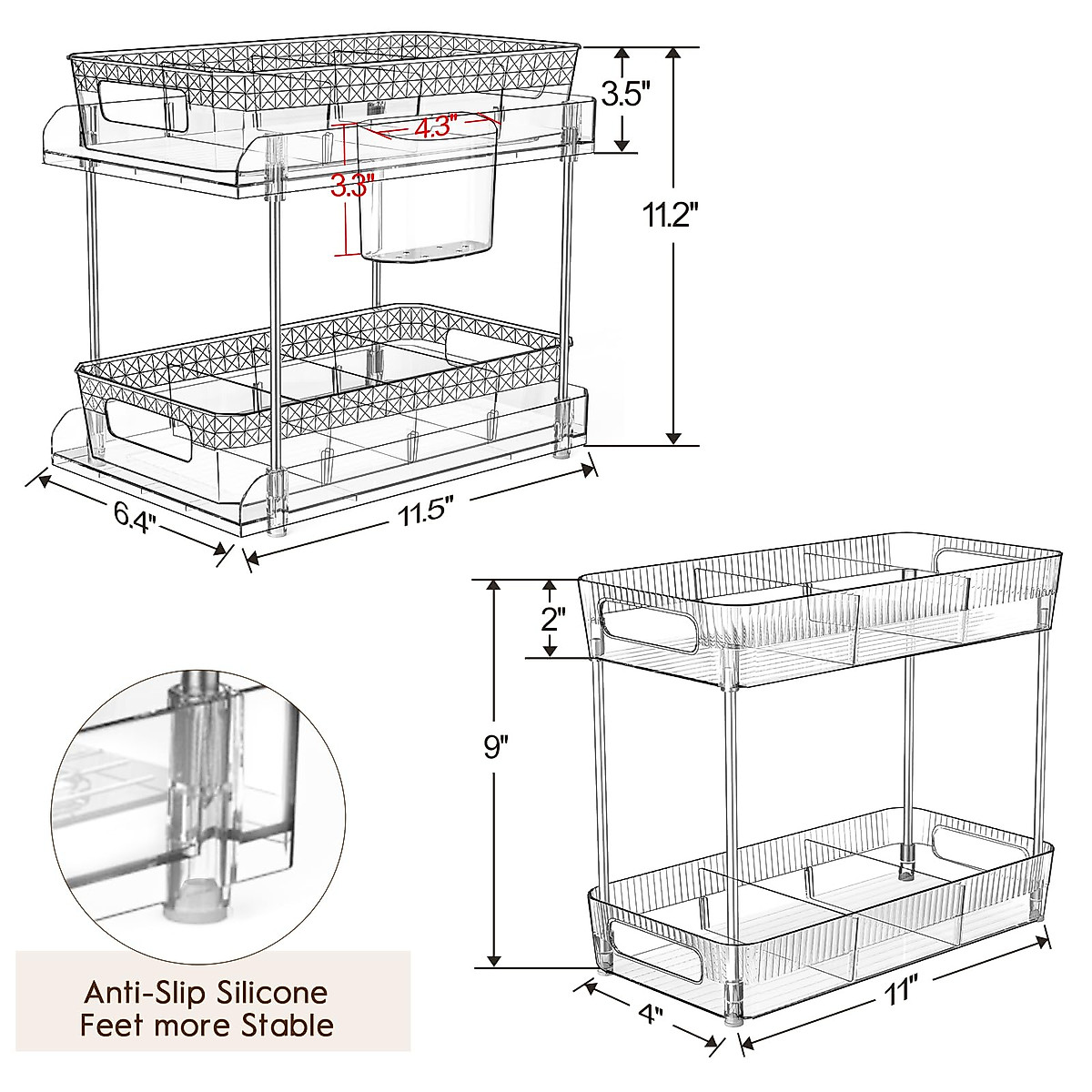RIKOJUXI 3 Packs 2 Tier Under Sink Organizer with Removable Dividers and Stackable Design, Multi-use Pantry Organizers and Storage, Pull Out Cabinet Organizer Bathroom Counter Organizer
