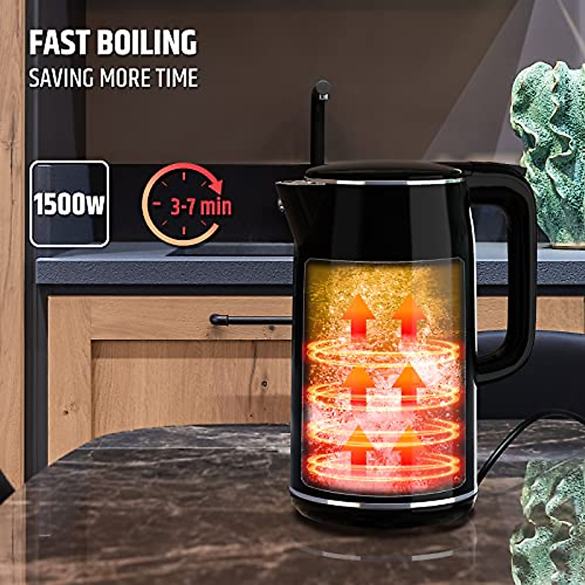 Razorri Electric Kettle 1-Click Control LED Digital Display, 1.7 Liter BPA-Free, Stainless Steel Double Insulated Wall, Boil Dry Protection, Keeps Warm for Tea Coffee, Cool to Touch, Cordless, Black