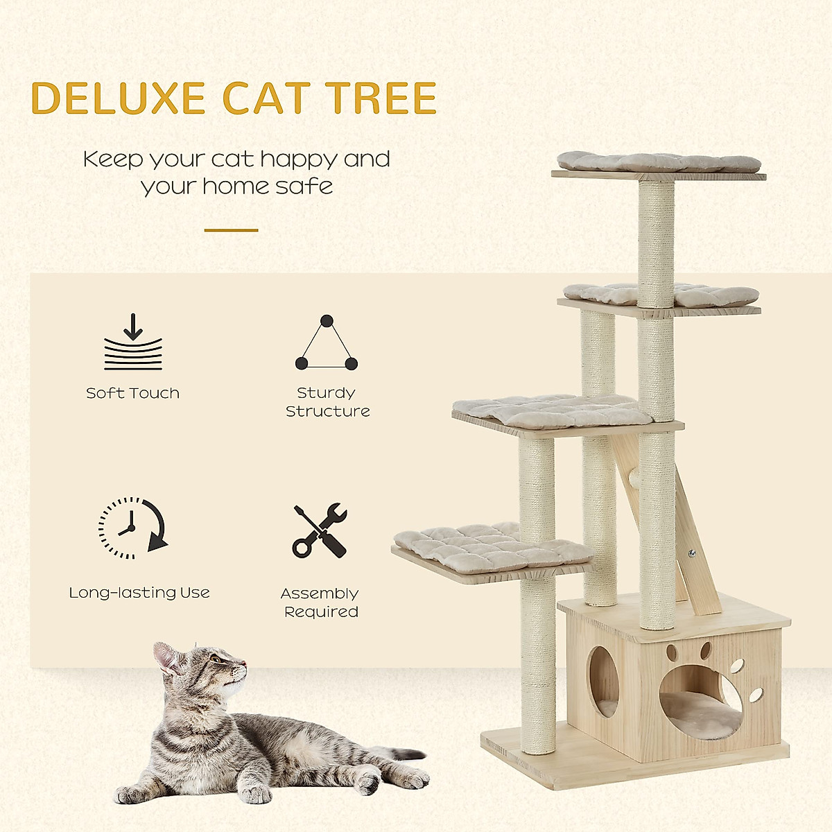 PawHut Multi-Level Cat Tree Condo Tower with Sisal-Covered Scratching Post, Activities for Kittens & Soft Cushion Luxury