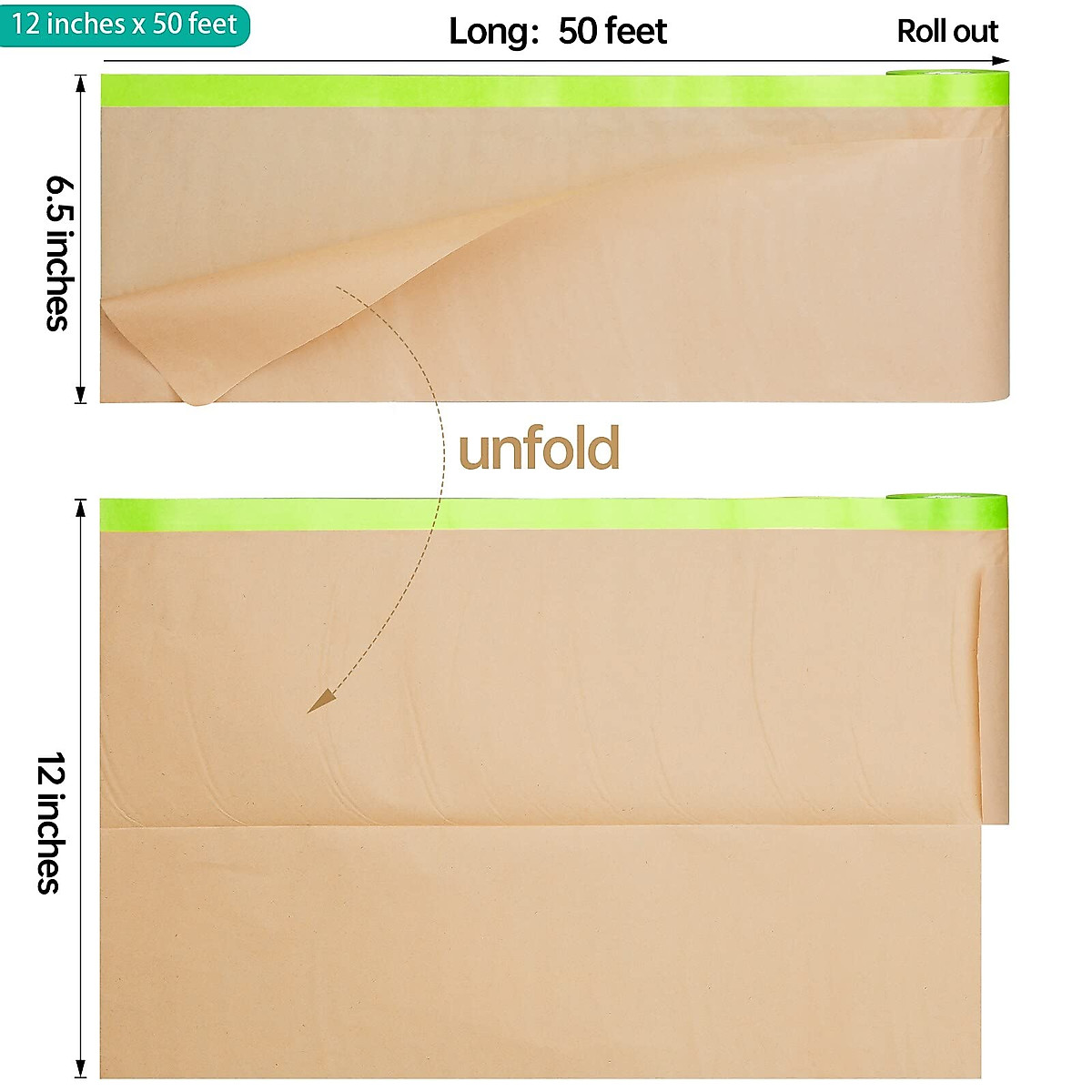 Pre-Taped Masking Paper for Painting - 12 inch x 50 feet Tape and Drape Painters Paper, Paint Adhesive Protective Paper Roll for Covering Skirting, Frames, Cars and Auto Body (1 Roll)