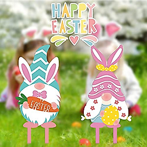 6 Pcs Metal Easter Gnomes Yard Signs Outdoor Bunny Rabbits Stakes 16 x 6.3 Inch Happy Spring Waterproof Gnome Stakes Easter Decorations for Garden, Lawn, Party, Easter Props Decor